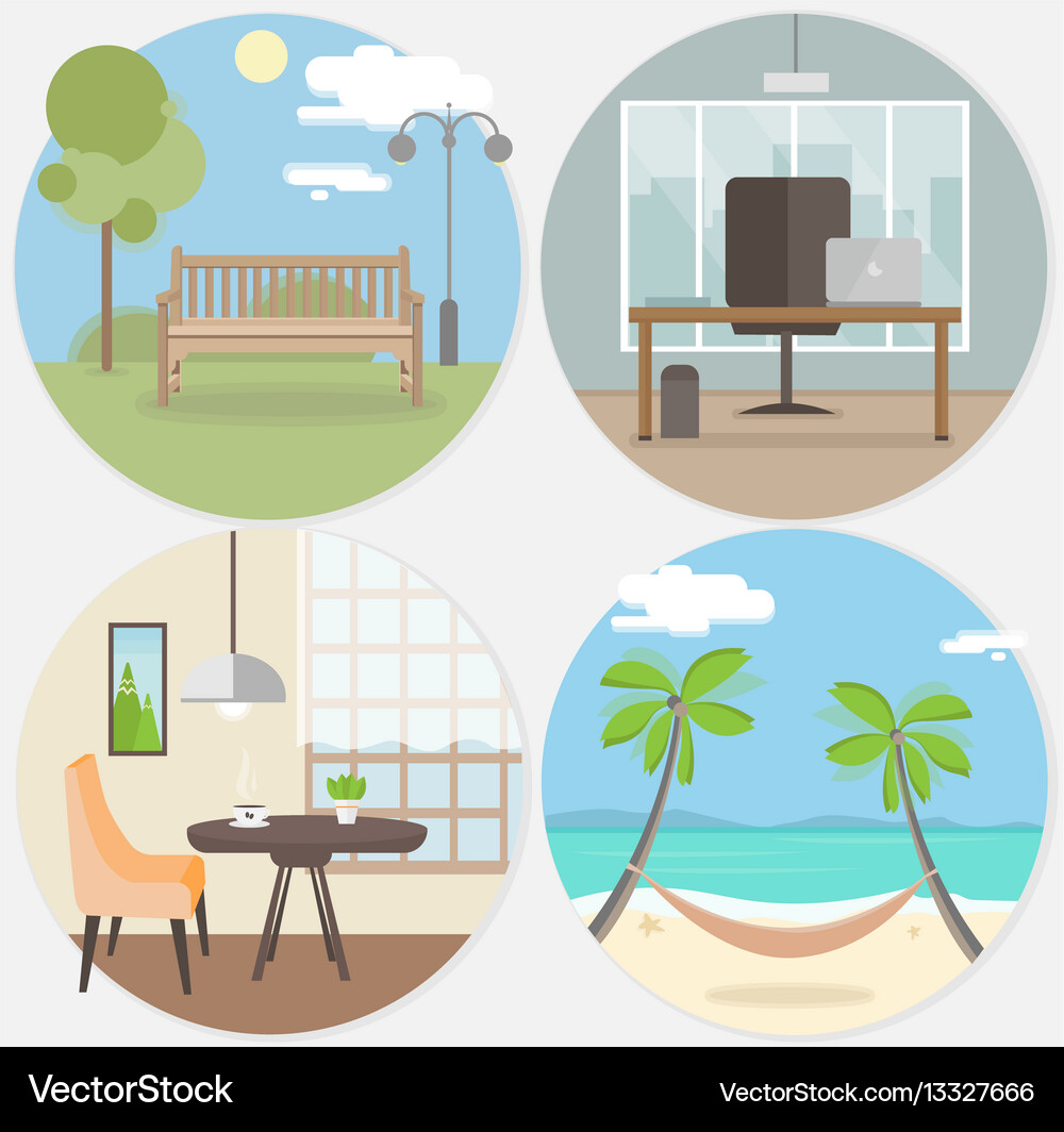 Set of workplace and relax round web banners Vector Image