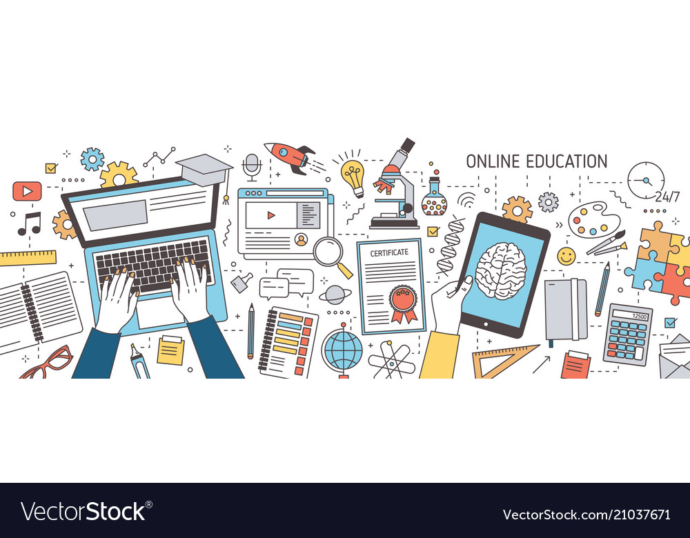 Colorful horizontal banner with hands typing Vector Image