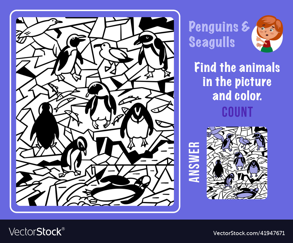 Find penguins and seagulls color and count games Vector Image