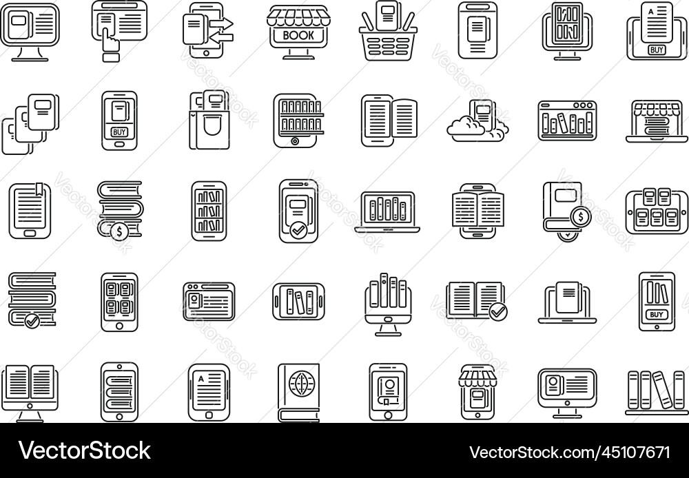 Online bookstore icons set outline open Royalty Free Vector