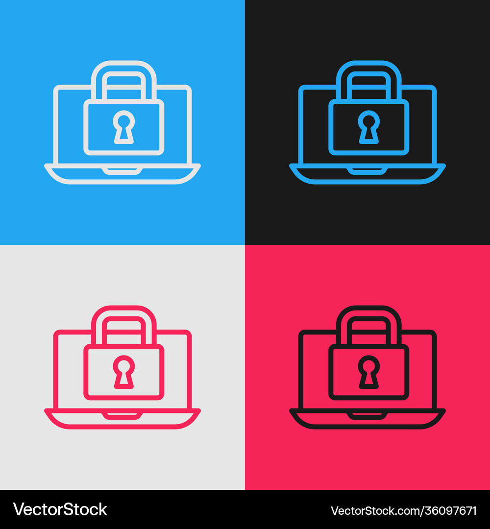 Pop art line laptop and lock icon isolated Vector Image