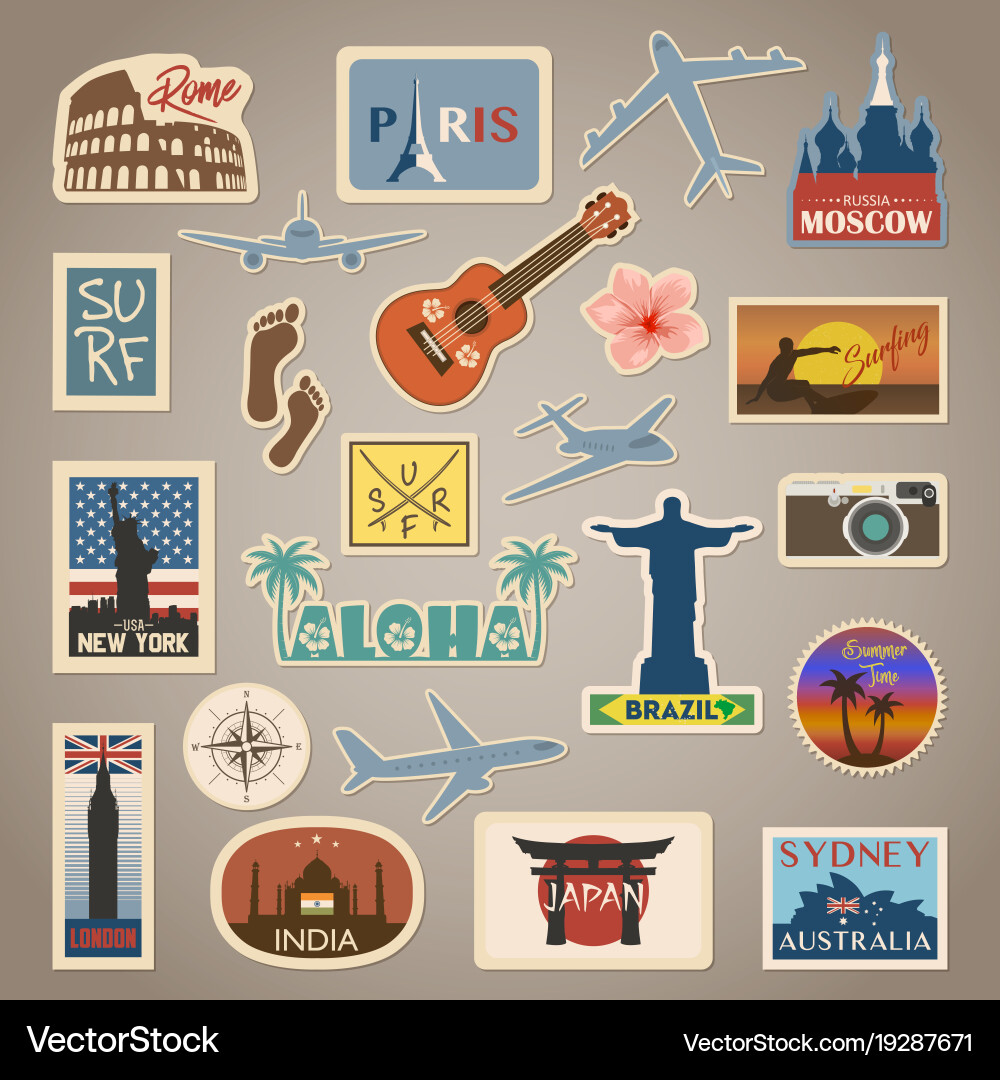 Travel sticker and label set with famous Vector Image
