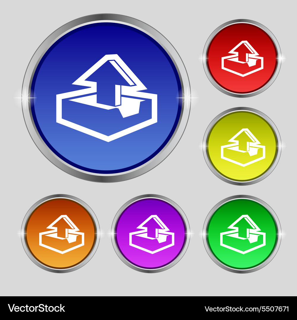 Upload icon sign round symbol on bright colourful Vector Image