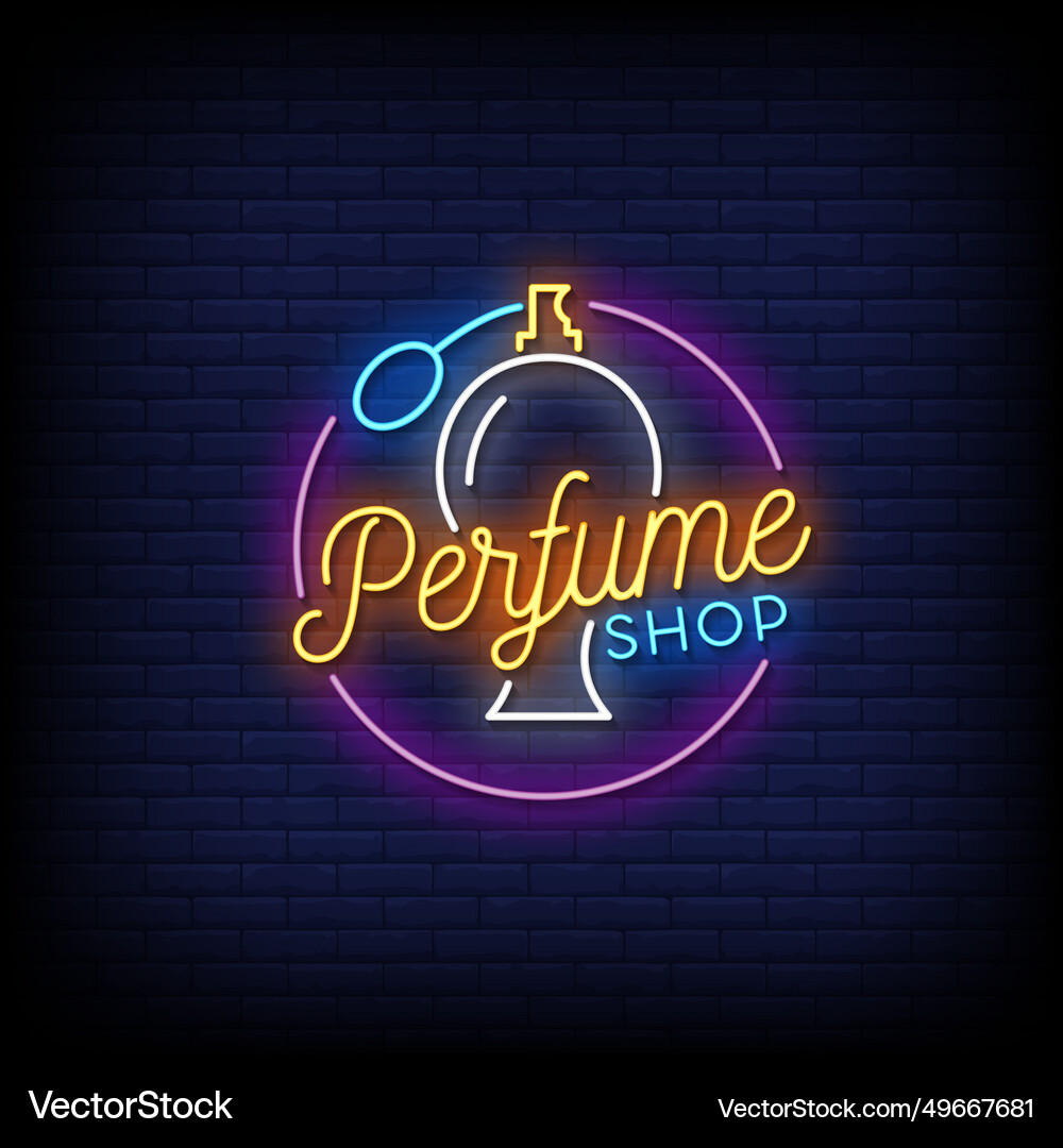 Neon sign perfume shop with brick wall background Vector Image