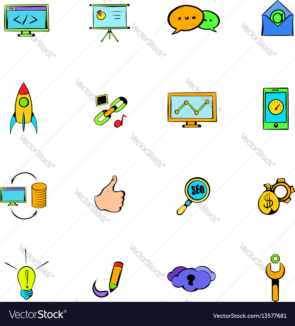Seo icons set cartoon Royalty Free Vector Image Seo icons set cartoon Royalty Free Vector Image
