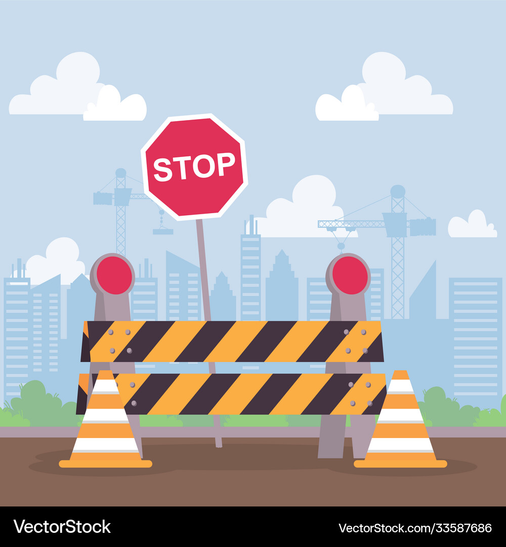 Construction scene with barricade and stop signal Vector Image