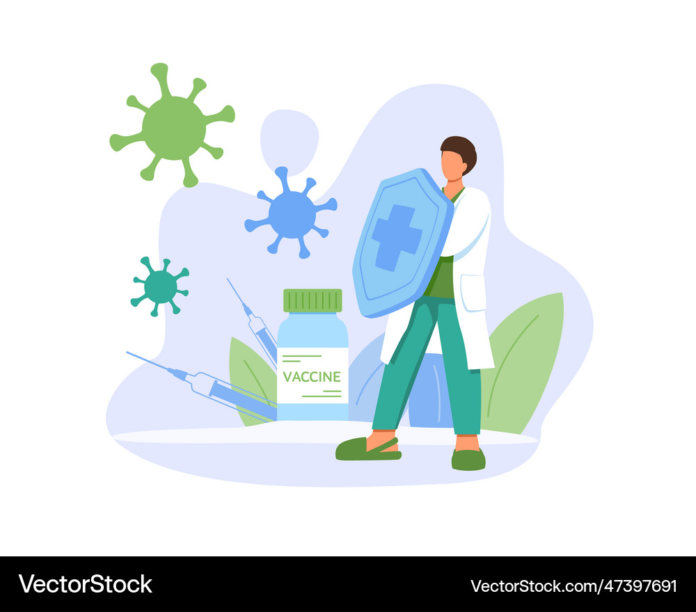 Doctor in white coat holding shield and protect Vector Image