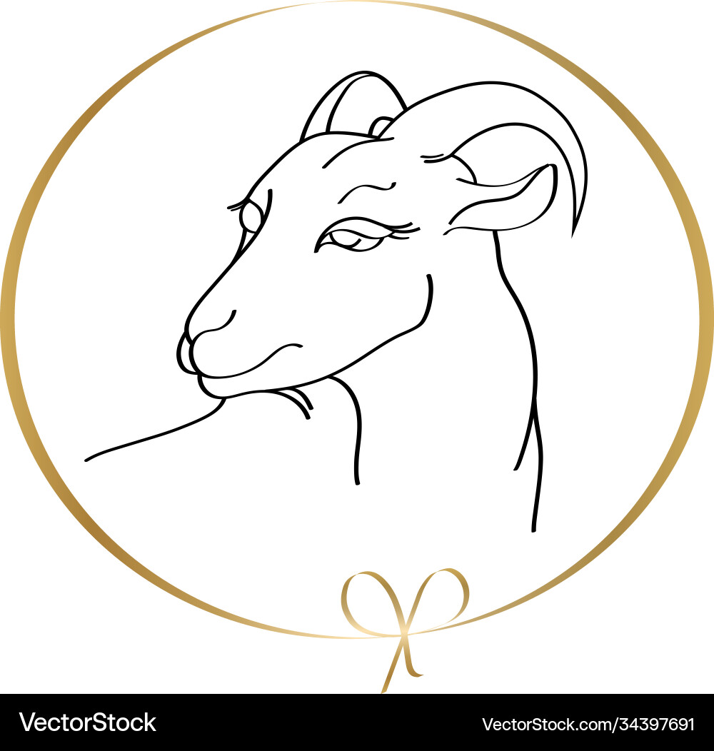 Handdrawn goat in round golden frame isolated Vector Image