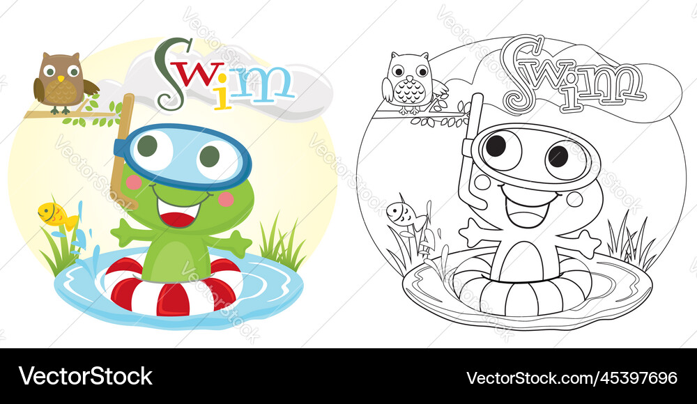 Frog swimming with fish owl perch on tree branch Vector Image