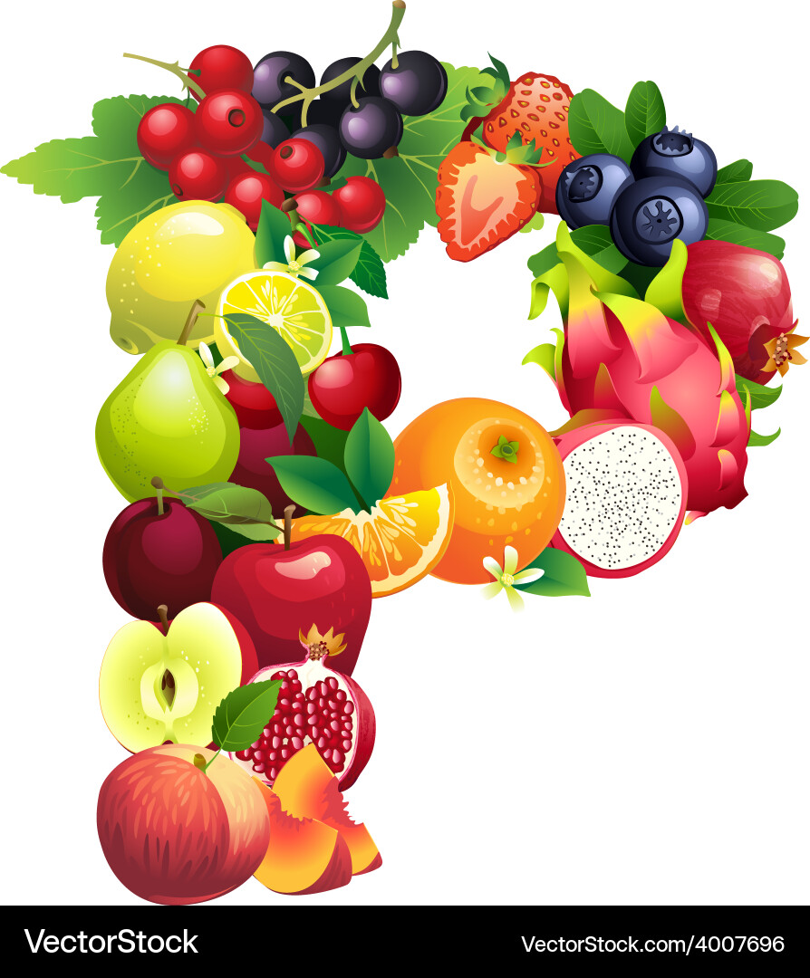 Letter p composed different fruits with leaves Vector Image