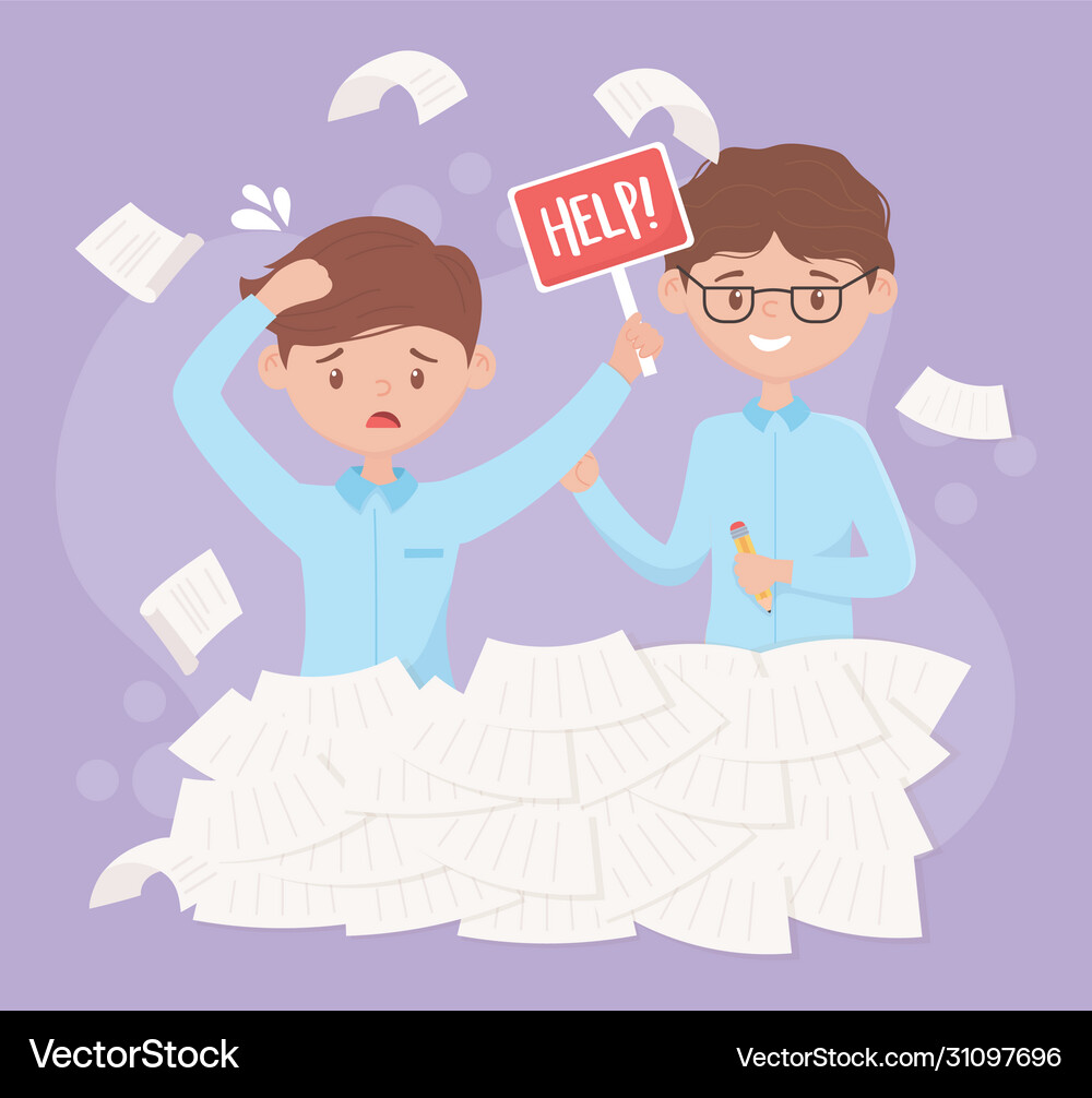 Stress at work stressed employee with stacked Vector Image