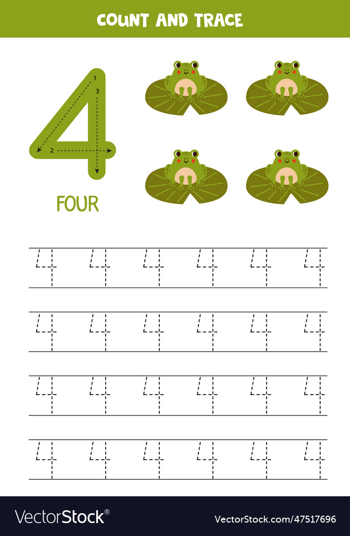 Trace numbers number 4 four cute cartoon frogs Vector Image