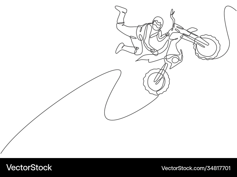 One single line drawing young motocross rider Vector Image