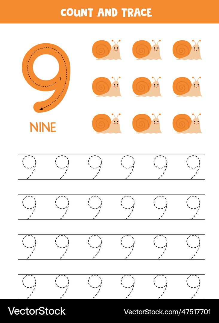 Trace numbers number 9 nine cute cartoon snails Vector Image