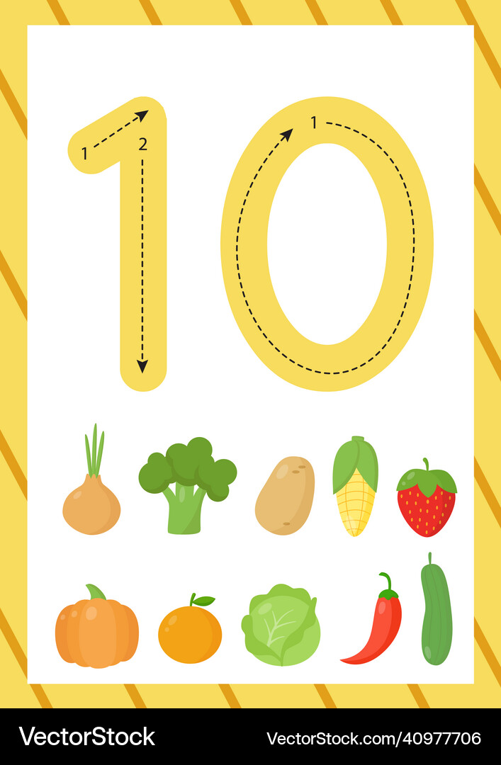 Cute flashcard how to write number ten worksheet Vector Image