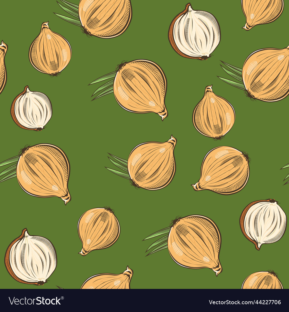 Seamless pattern with onion on a green background Vector Image