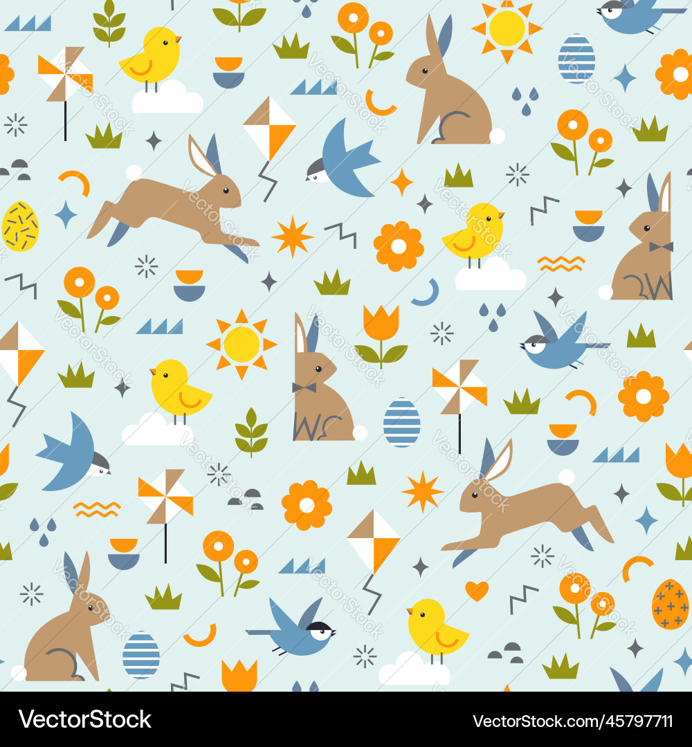 Easter pattern of bunnies chicks and eggs on blue Vector Image