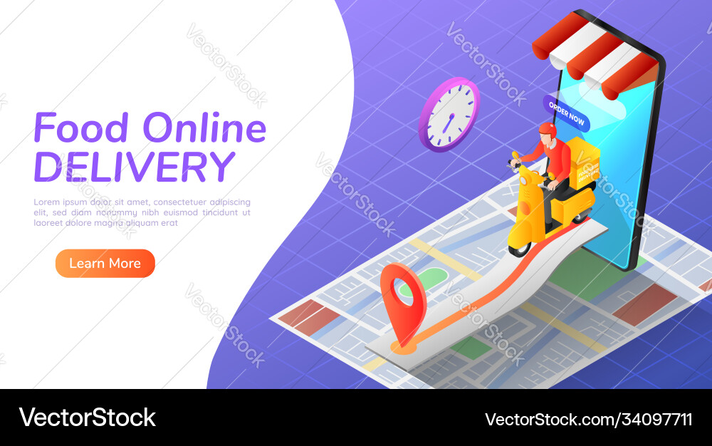 Isometric web banner delivery man ride motorcycle Vector Image