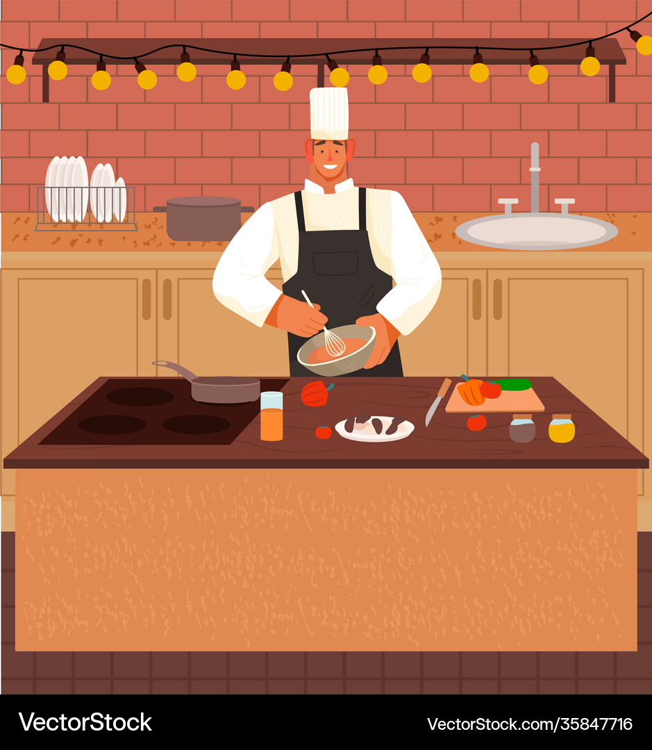 Chef man cook dish at kitchen isolated cartoon Vector Image