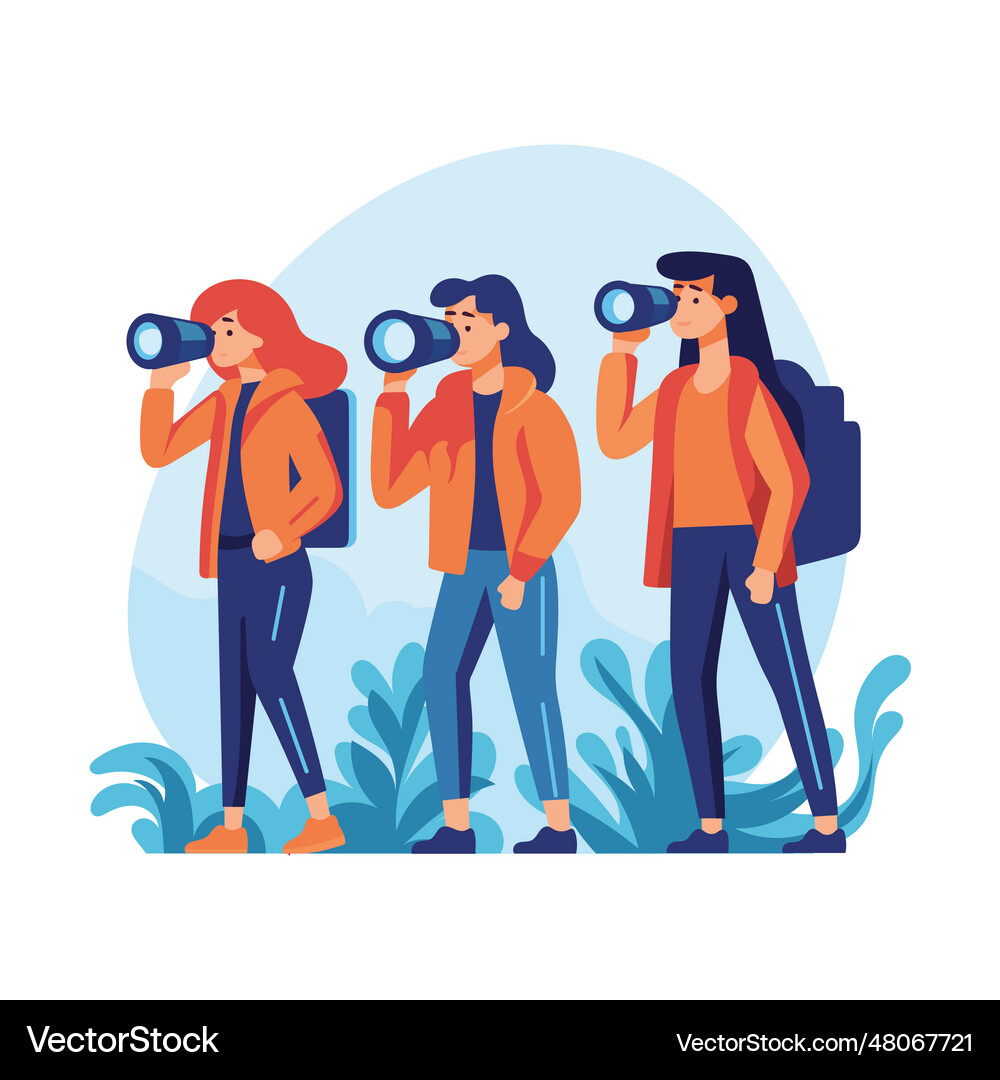 Adventure girls with binoculars hand-drawn flat Vector Image