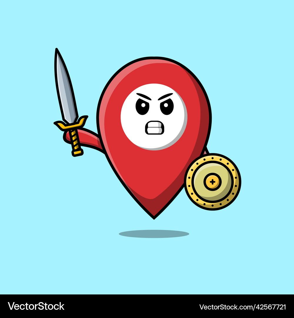 Cute cartoon pin location holding sword and shield