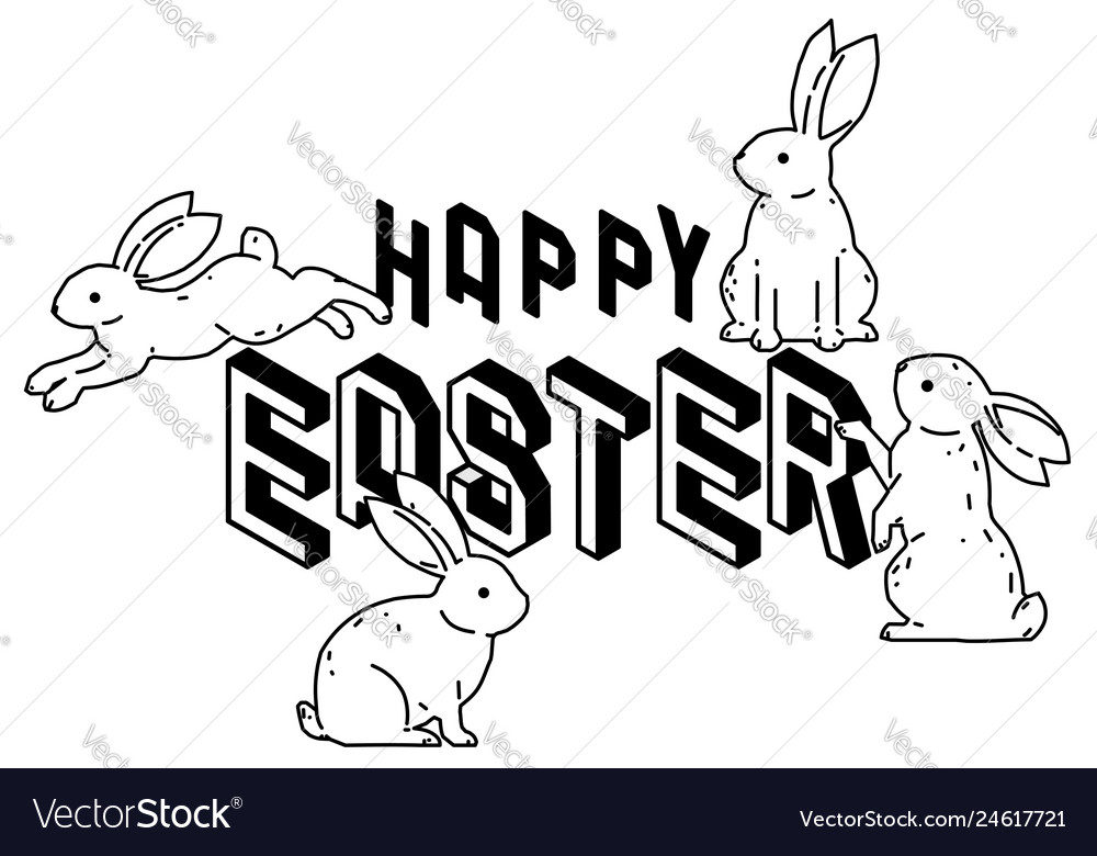 Happy easter with cute bunny rabbits line art vect