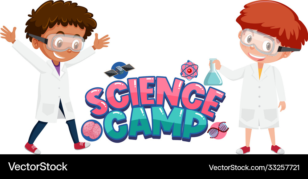 Science camp logo with children wearing scientist Vector Image