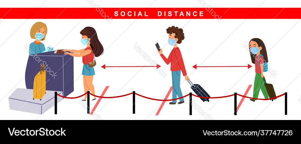 People keep a distance at airport check-in Vector Image