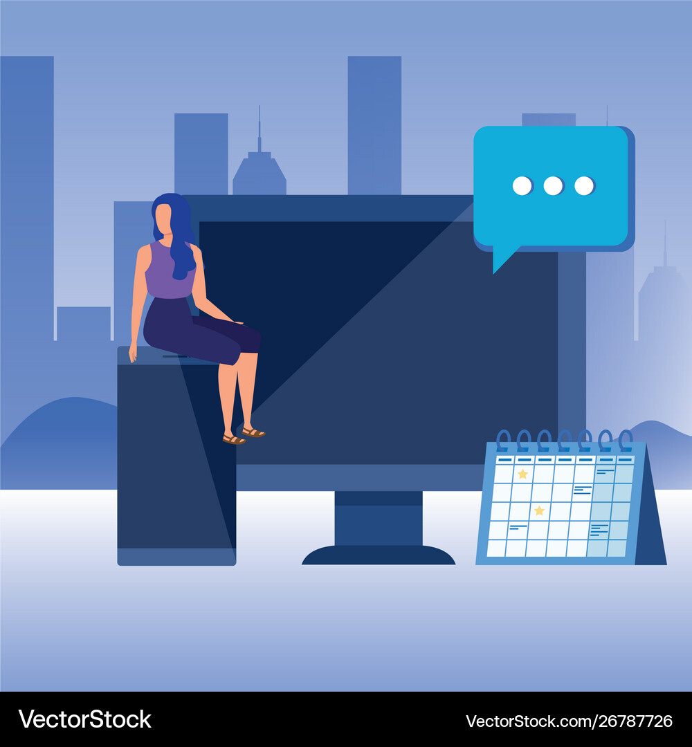 Young woman with desktop character Royalty Free Vector Image