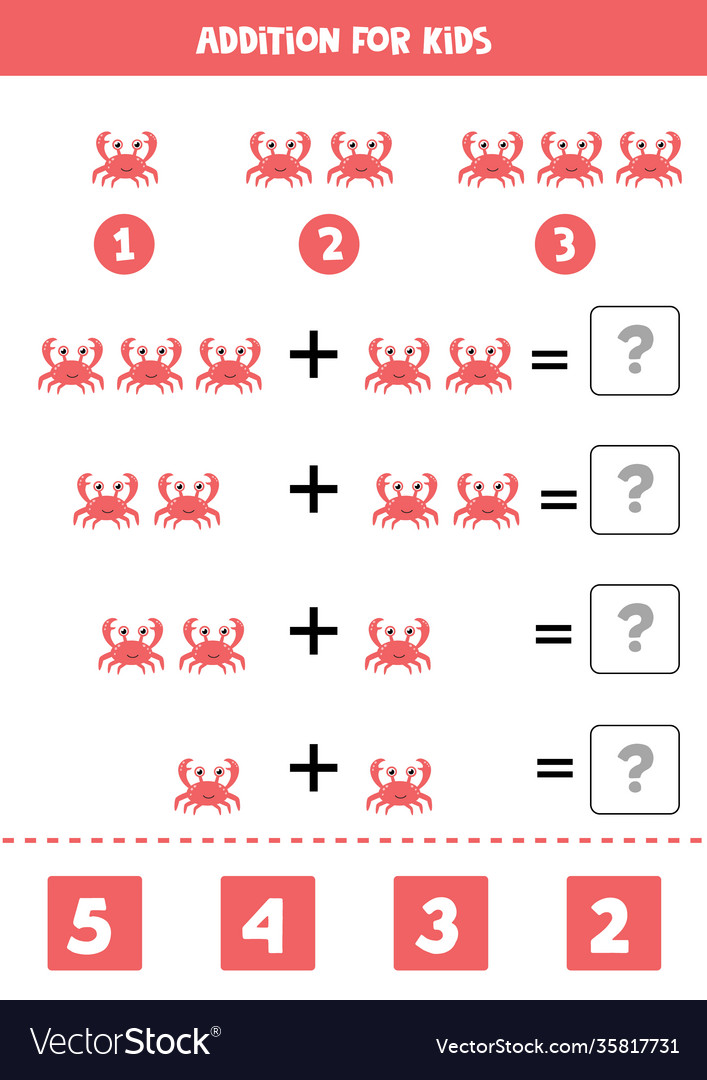Addition worksheet with cartoon red crab math Vector Image