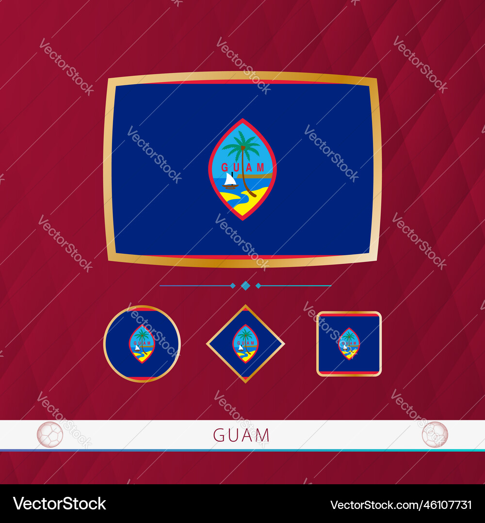 Set of guam flags with gold frame for use Vector Image