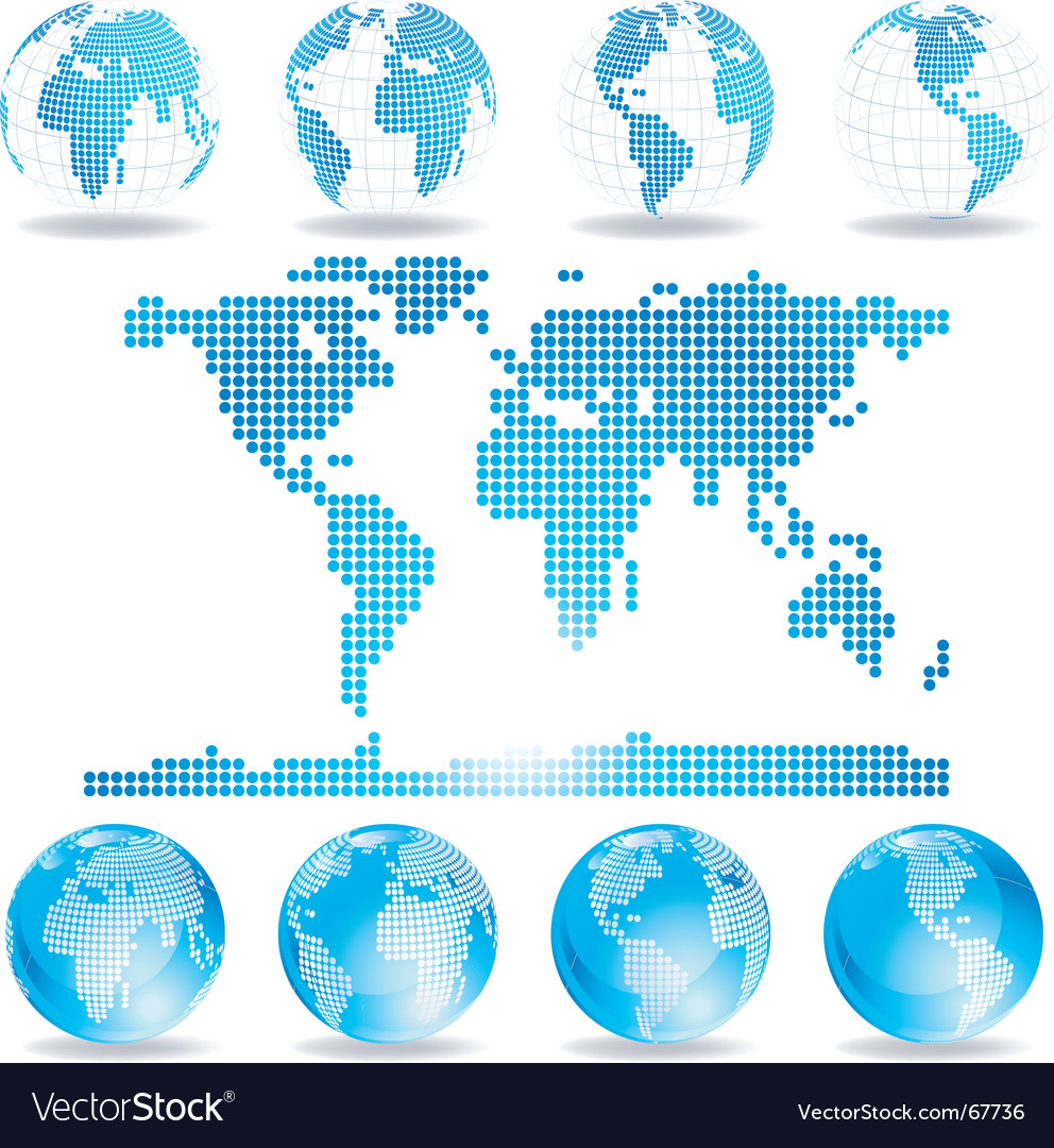 Dotted map and globes Royalty Free Vector Image