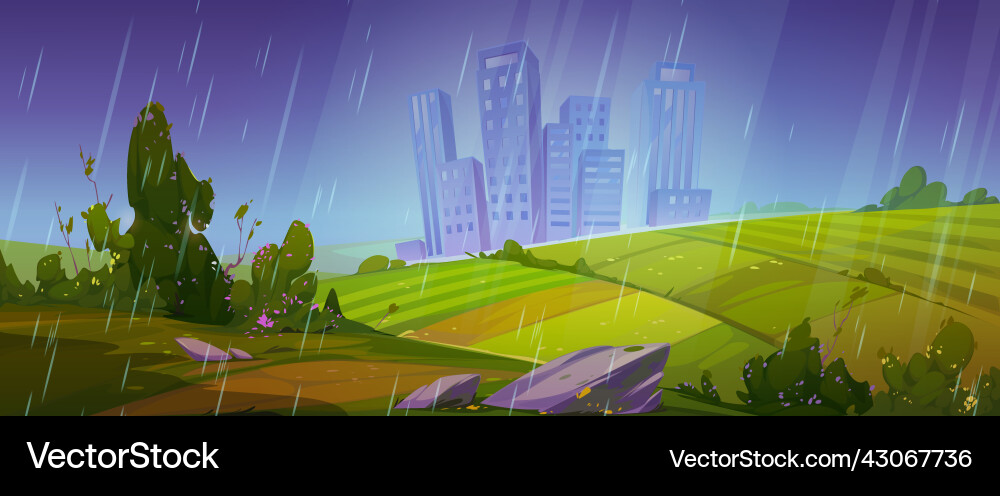 Summer scene with fields and city in rain Vector Image