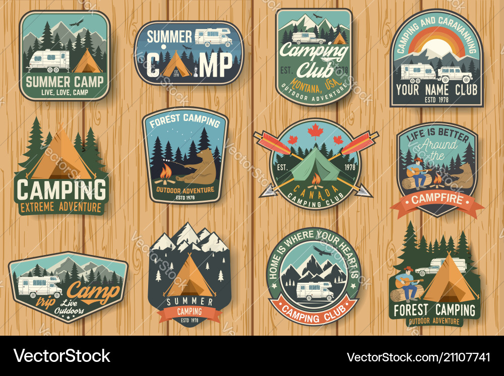 Set summer camp badges on wood board Royalty Free Vector