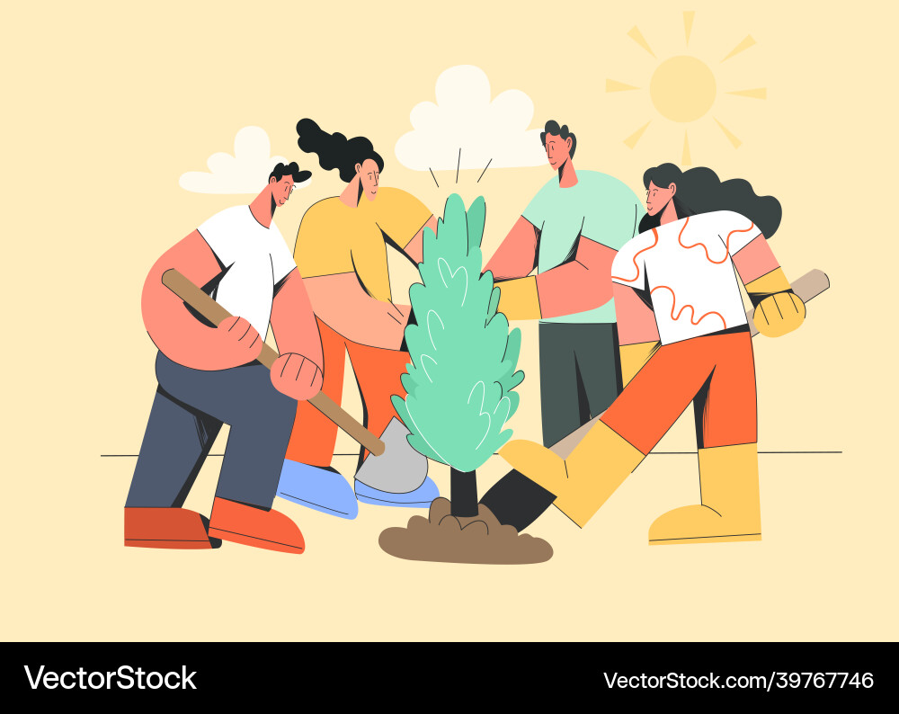 Group of people plant tree together Royalty Free Vector
