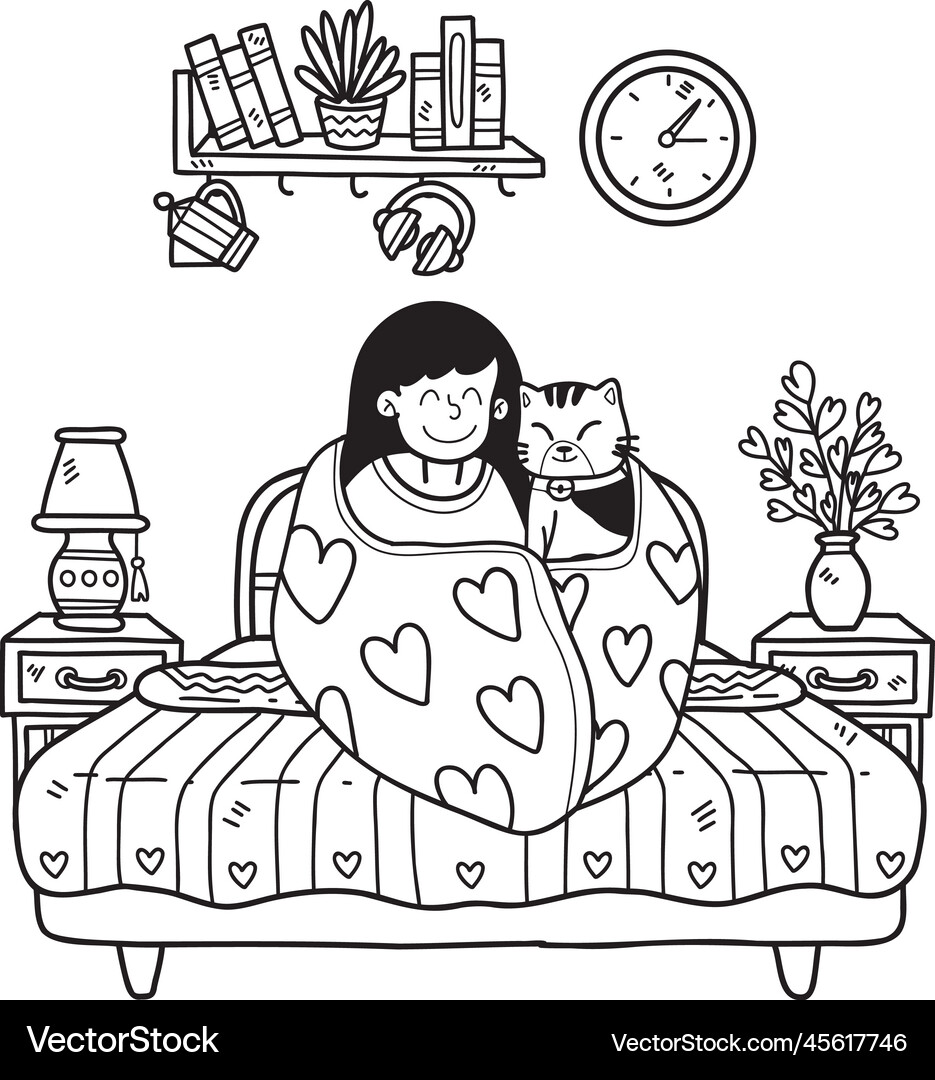 Hand drawn the owner sits hugging the cat Vector Image