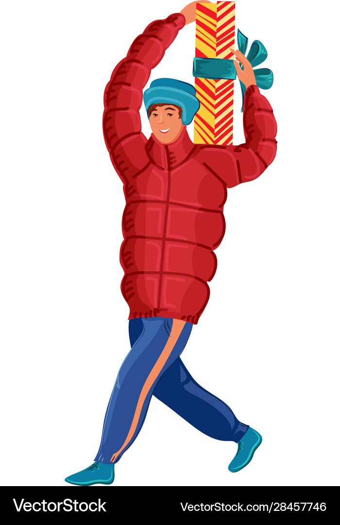 Man carrying holiday gift box on shoulder Vector Image