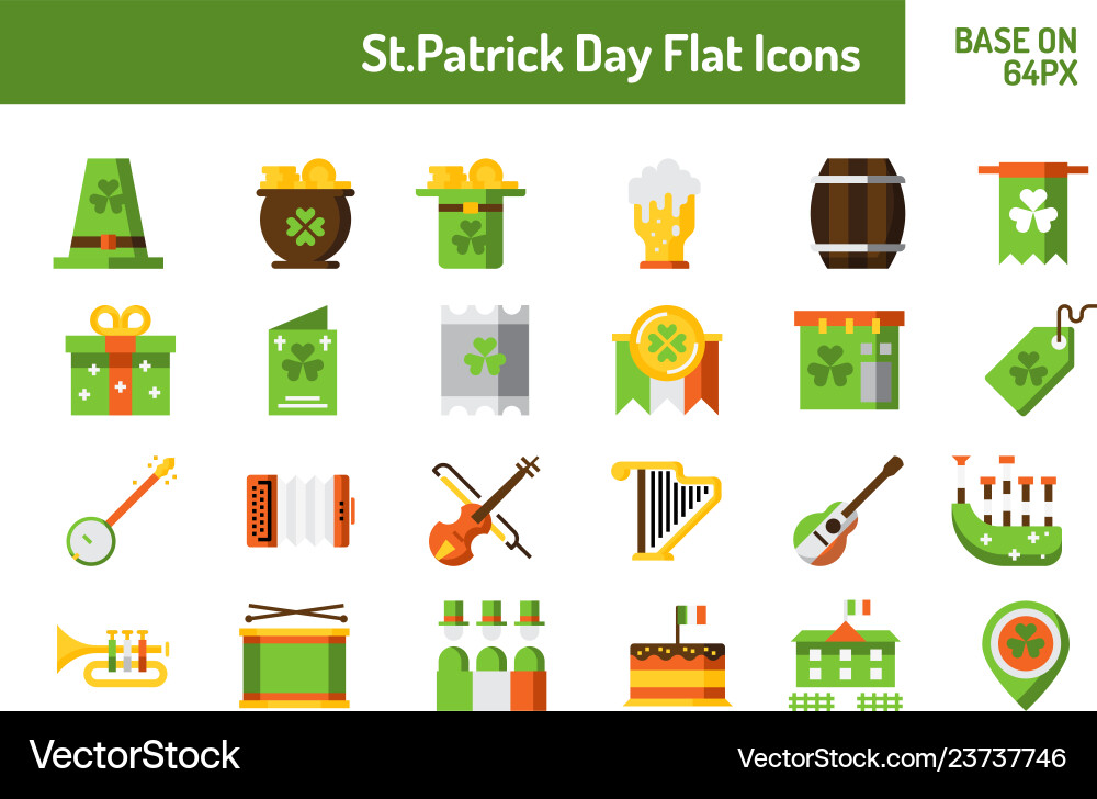 Stpatricks day icon set flat base on 64 Royalty Free Vector