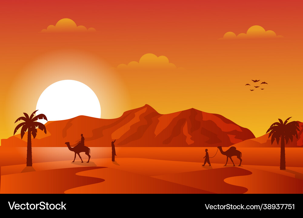 Sunset arabic desert camel caravan muslim islamic Vector Image