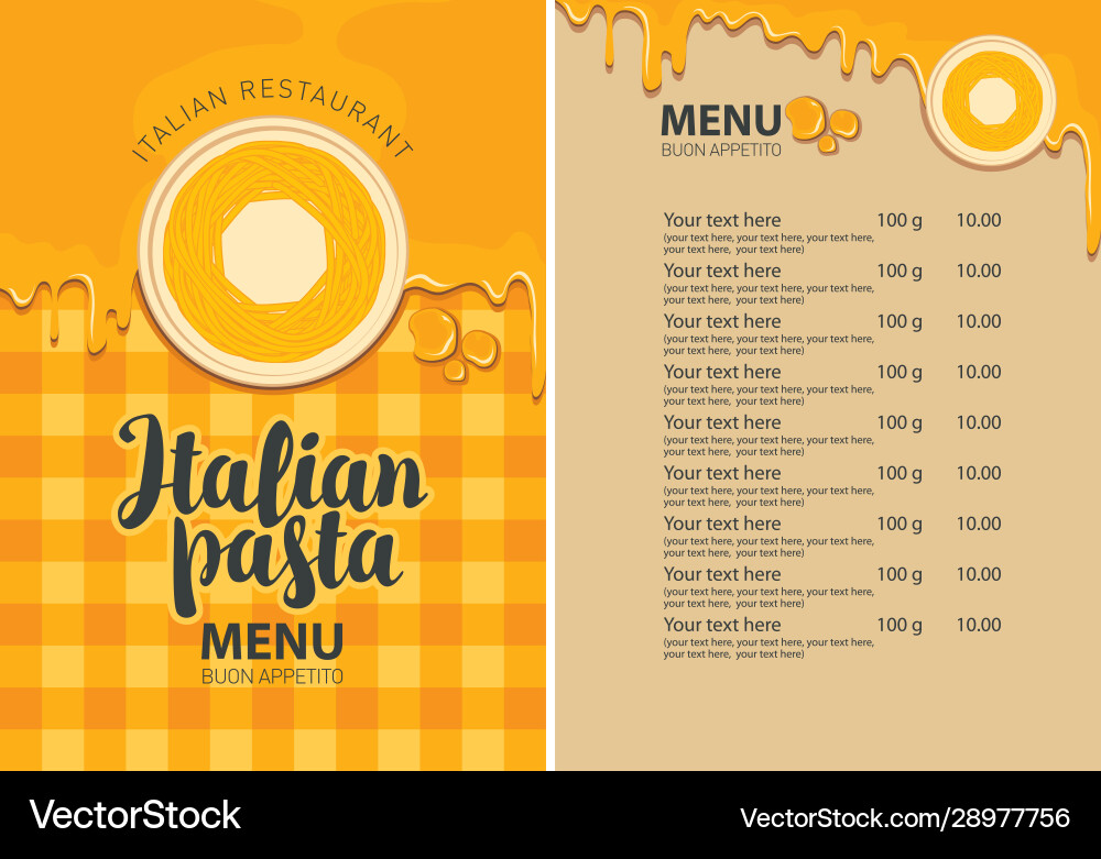 Pasta menu for italian restaurant with Royalty Free Vector
