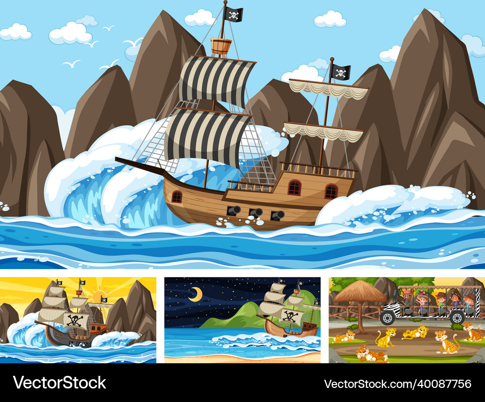 Set of different scenes with pirate ship Vector Image