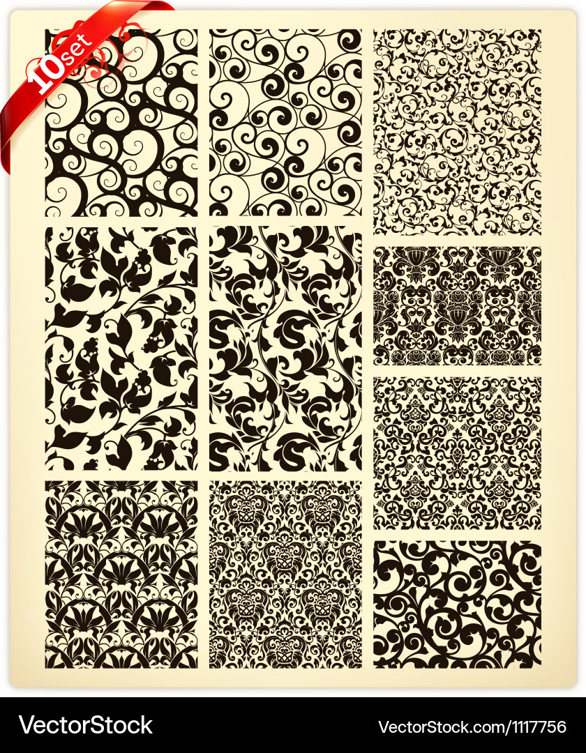 Set of ten patterns black silhouettes Royalty Free Vector