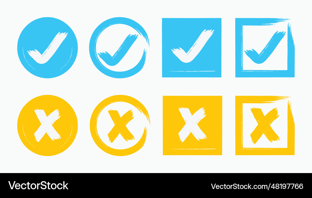 Blue and yellow brush check mark and x mark set Vector Image