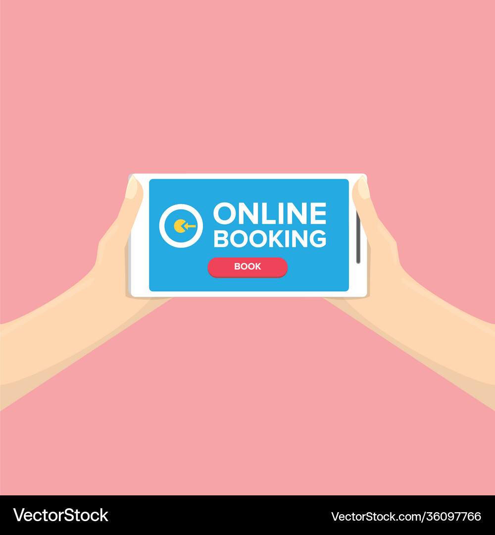 Hand holding white smart phone with online booking