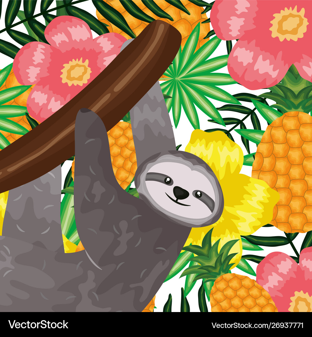 Beautiful sloth bear with pineapple and floral Vector Image