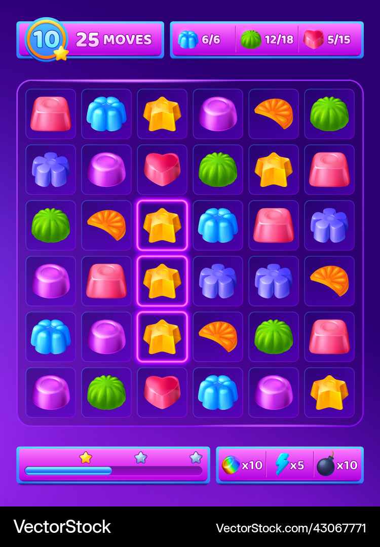 Match 3 game background with cute candy icons Vector Image