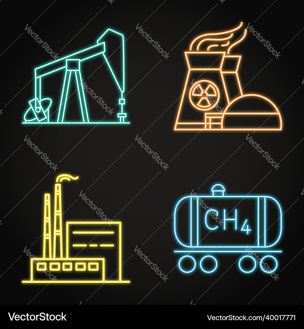 Neon icon set - causes of climate change Vector Image