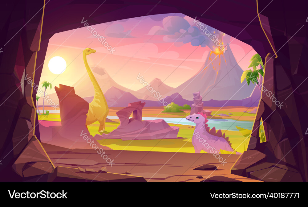Prehistoric scene with dinosaurs volcano and cave Vector Image