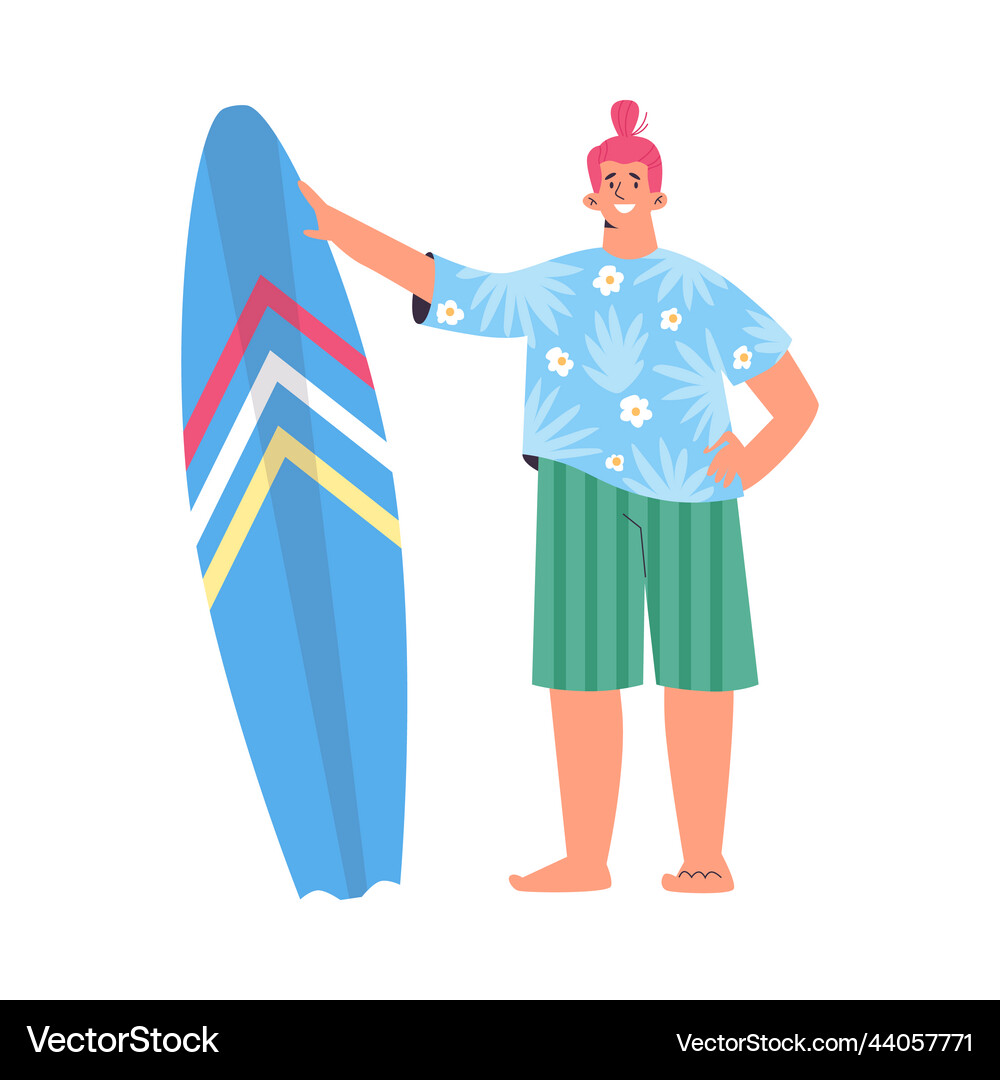 Surfer standing with surfboard male character Vector Image