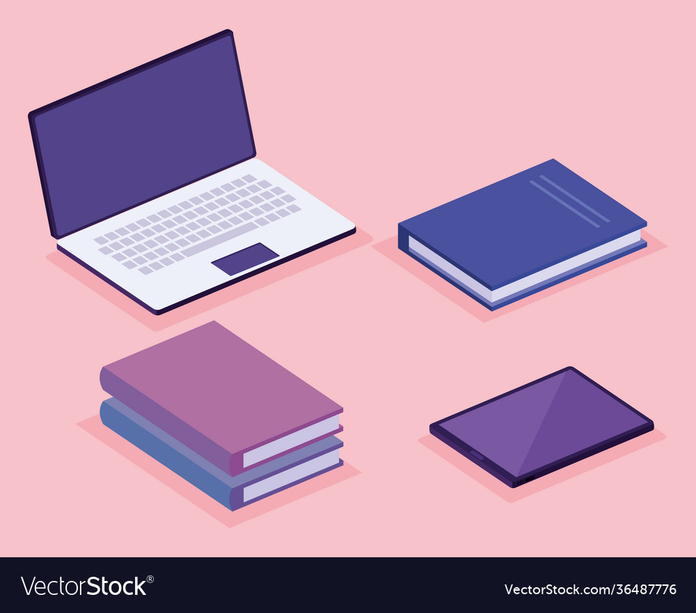 Books and laptop isometric workspace set icons Vector Image